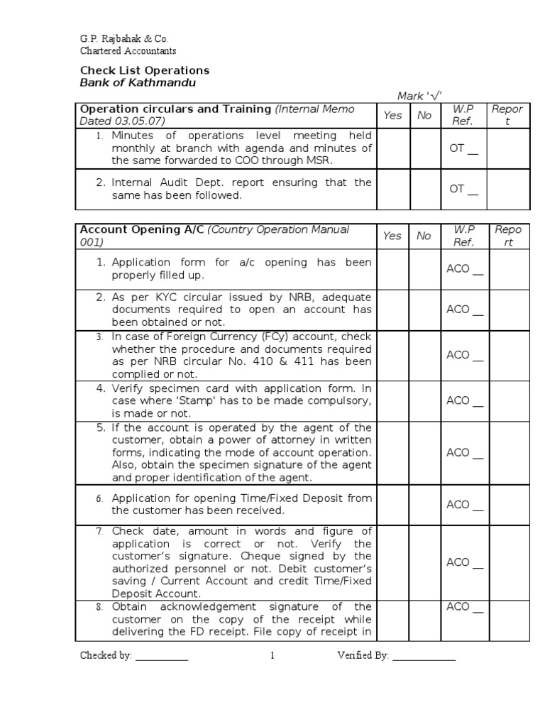 Check List for Operation | Cheque | Payments