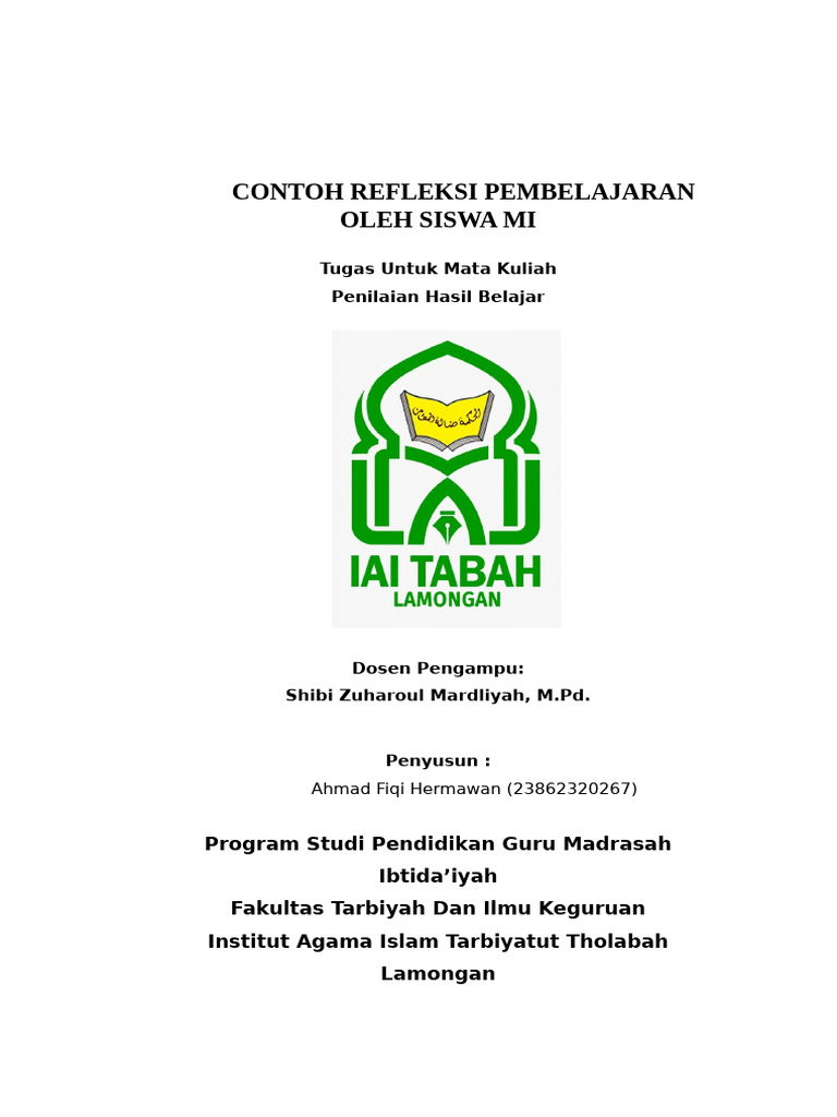 Contoh Refleksi Pembelajaran Siswa MI | PDF