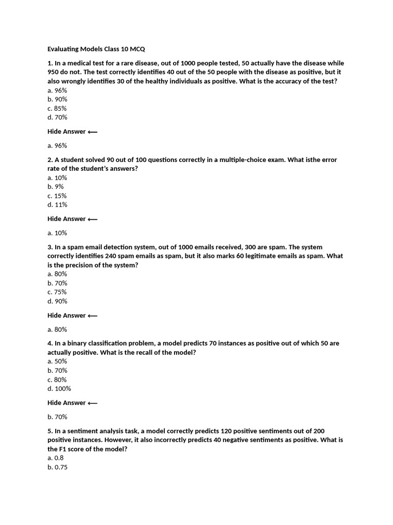 Class 10 MCQs on Model Evaluation | PDF | Accuracy And Precision ...