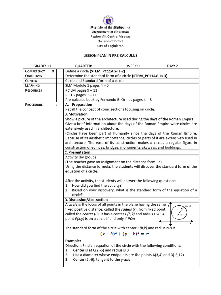 Pre-Calculus Lesson Plan: Circles | PDF | Circle | Cartesian Coordinate ...