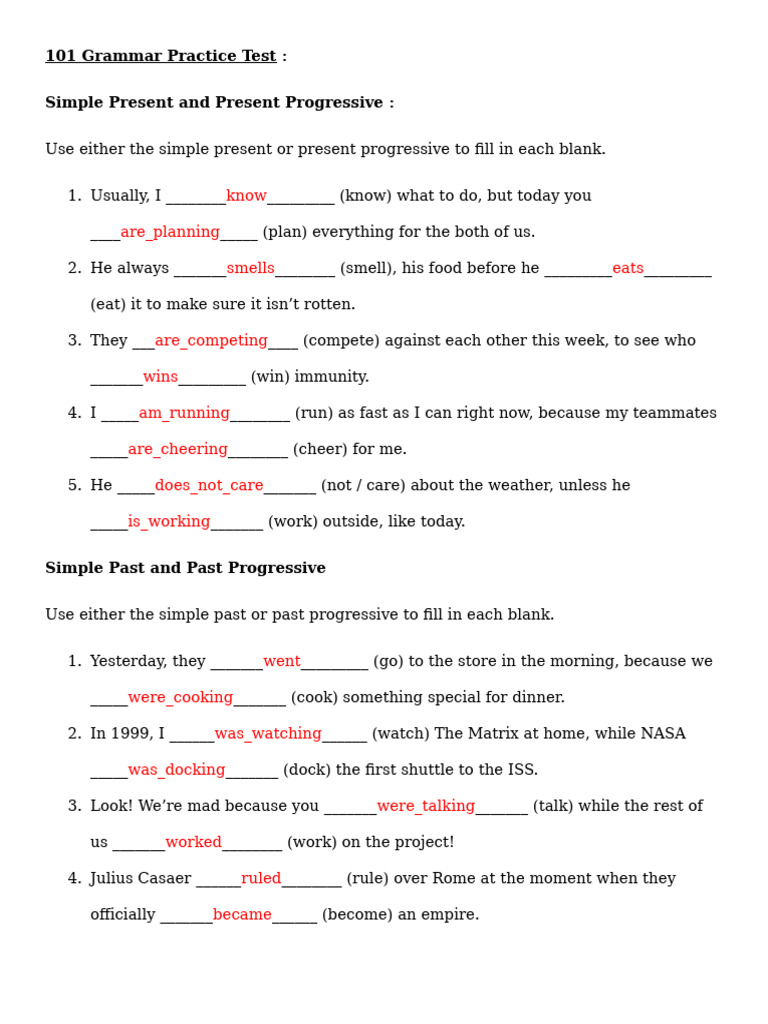 Grammar Practice Test: Tenses & Plurals | PDF | Language Mechanics ...