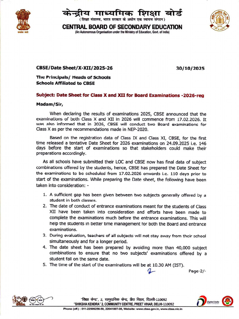 Cbse Date Sheet X Xii Final 30102025 | PDF | Qualifications | Student ...