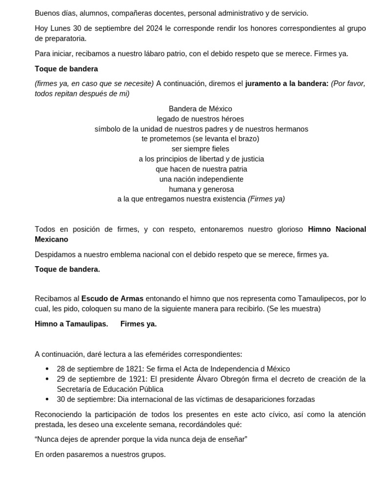 Programa de Honores Lunes 30 | PDF