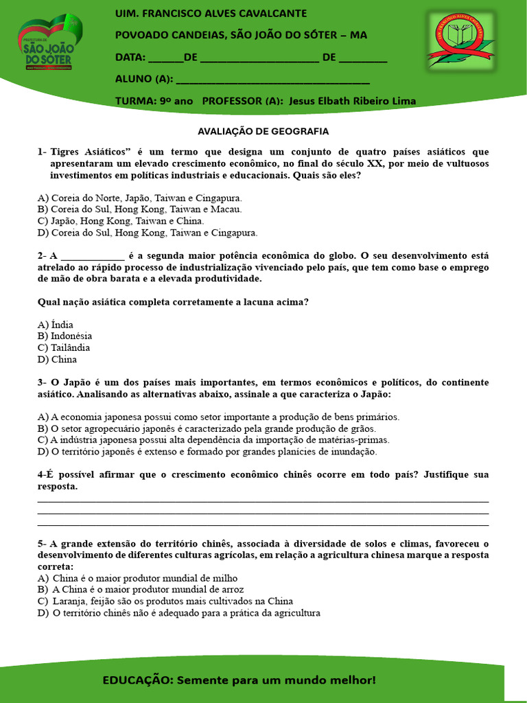 Avaliação 9 Ano Cavalcante | PDF | China | Política mundial