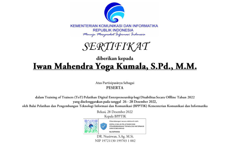 Sertifikat-Iwan Mahendra Yoga Kumala - BPPTIK | PDF