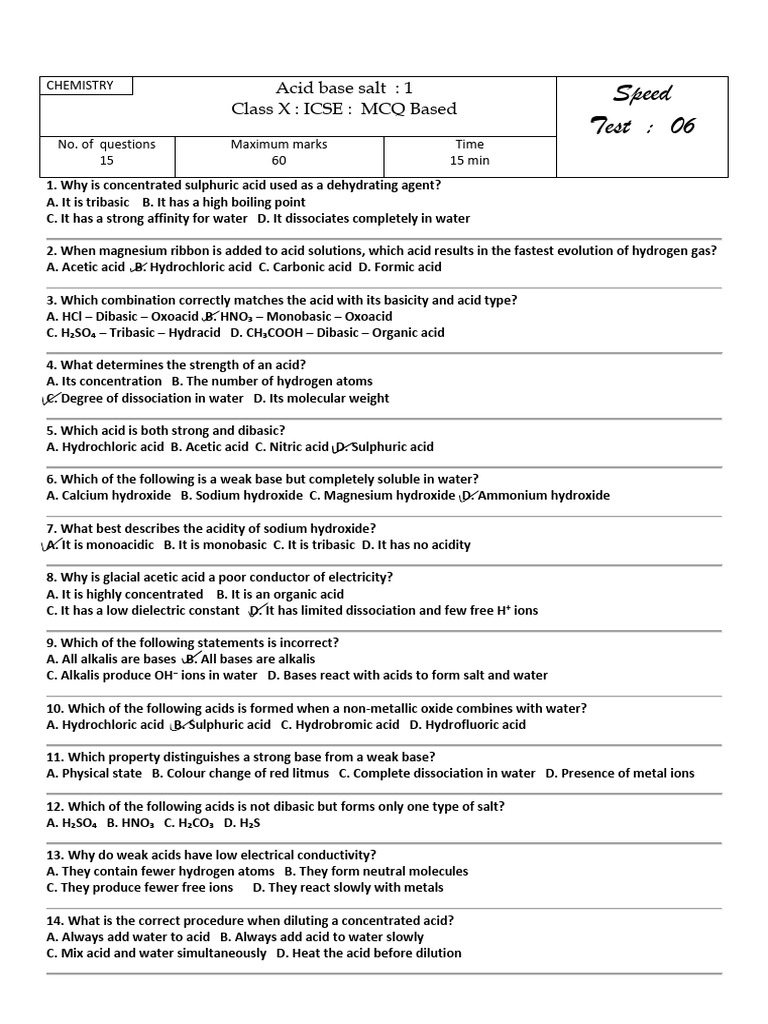 Acid Base Salt Speed Test 1 Set 2 | PDF | Acid | Sulfuric Acid