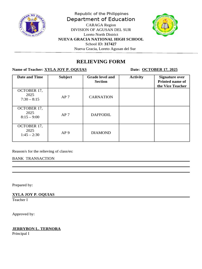 RELIEVING FORM | PDF | Philippines | Southeast Asia