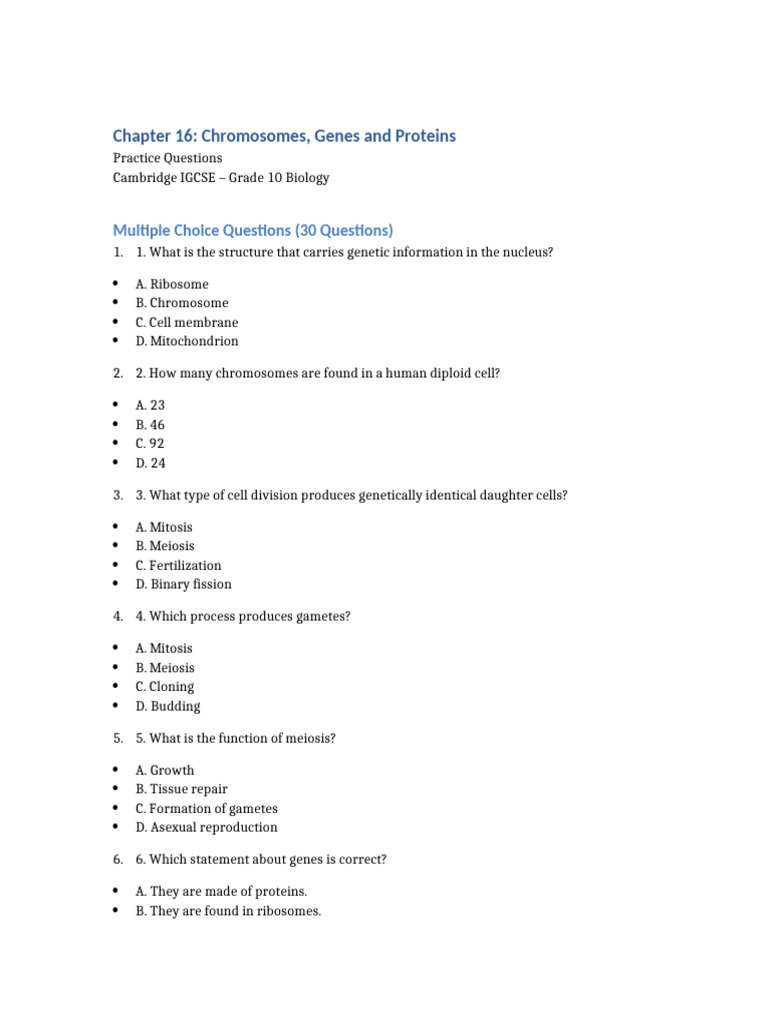 IGCSE Biology: Chromosomes & Genes Quiz | PDF | Cell (Biology) | Zygosity