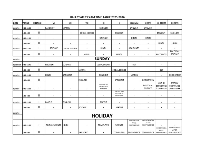 Half Yearly Time Table 6 To 12 | PDF