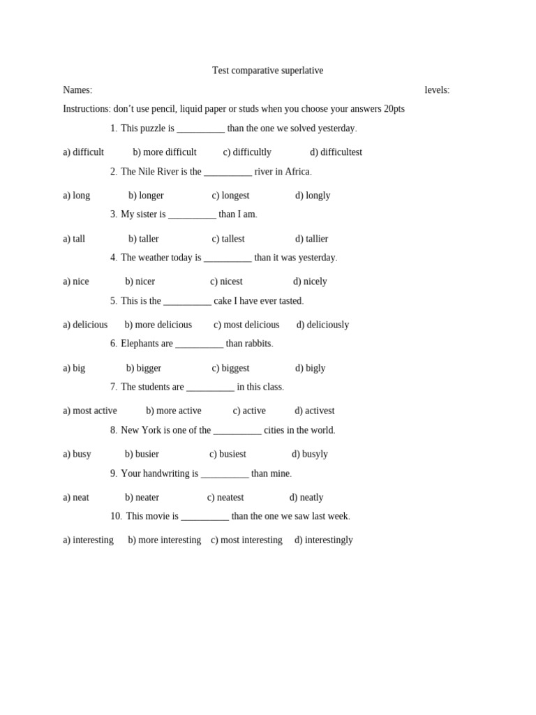 Test Comparative Superlative | PDF