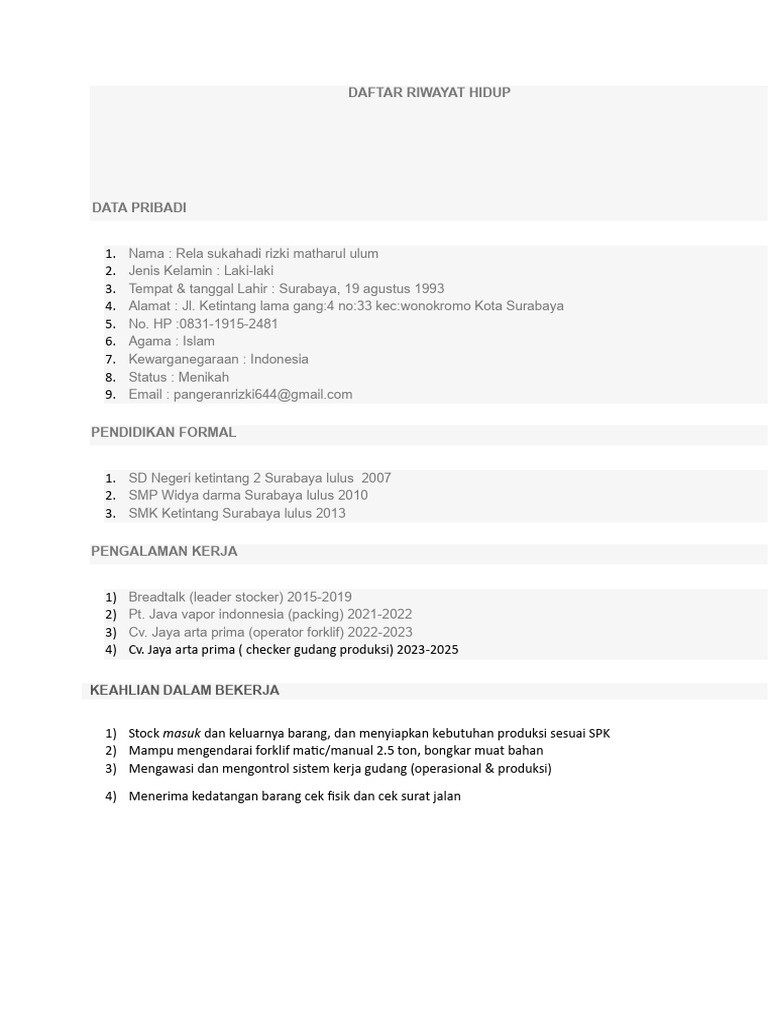 Daftar Riwayat Hidup Rela Sukahadi | PDF