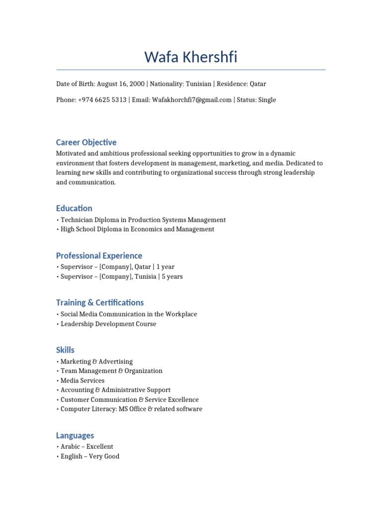 Wafa Khershfi CV | PDF
