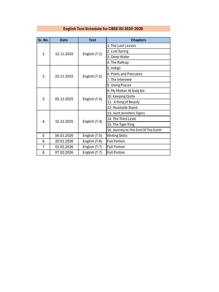 English Test Schedule For CBSE XII 2025-2026 | PDF