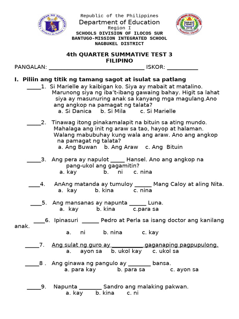 Summative Test 3 q4 in Filipino 2 | PDF