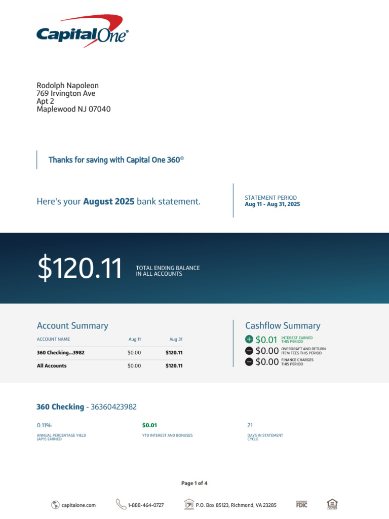 Capital One 360 Bank Statement Summary | PDF | Debit Card | Banks