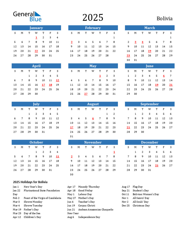2025 Calendar With Holidays Portrait Sunday Start en Bo | PDF ...