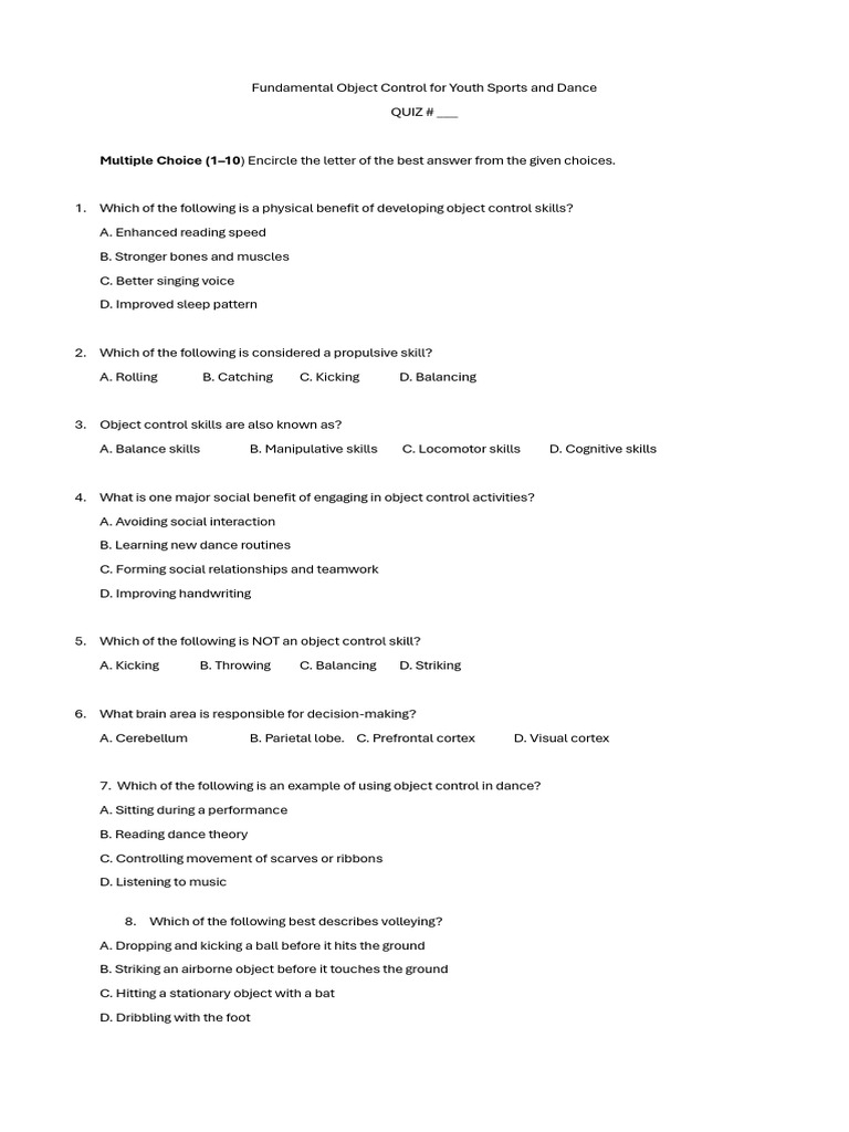 Object Control Skills Quiz for Youth Sports | PDF | Cerebellum | Cognition