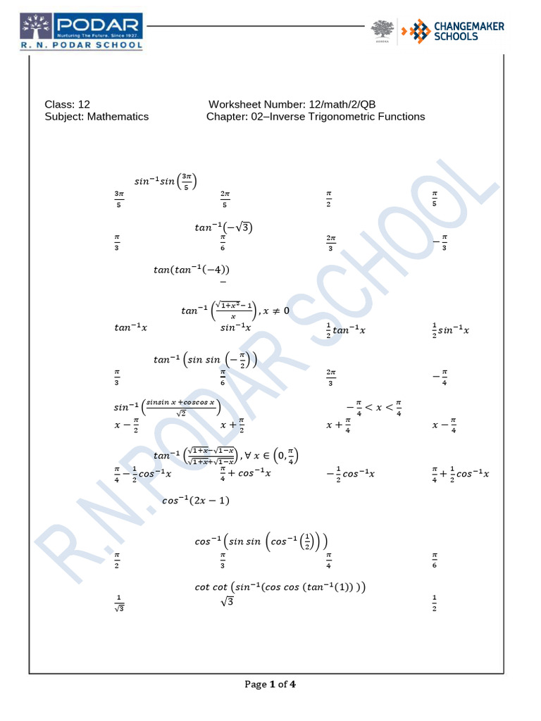 12 Maths ..CH.2 Inverse Trigonometric Functions | PDF | Function ...