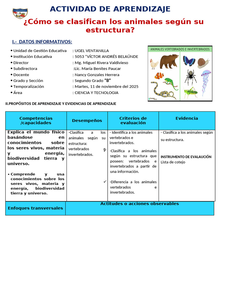 SESIÓN CLASIFICACIÓN DE LOS ANIMALES SEGÚN SU ESTRUCTURA CA (1) | PDF ...