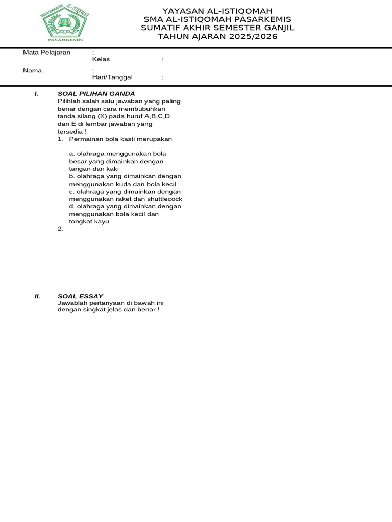 Sas Ganjil Pjok Kelas 7 | PDF