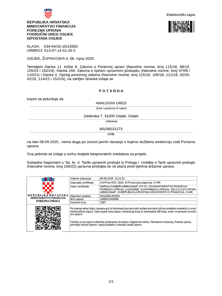 Potvrda Porezne Uprave o Nepostojanju Duga | PDF