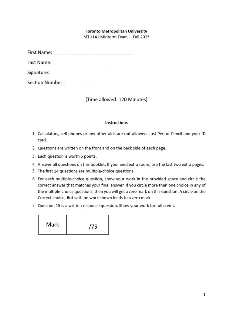 MTH141 Midterm - First Page | PDF