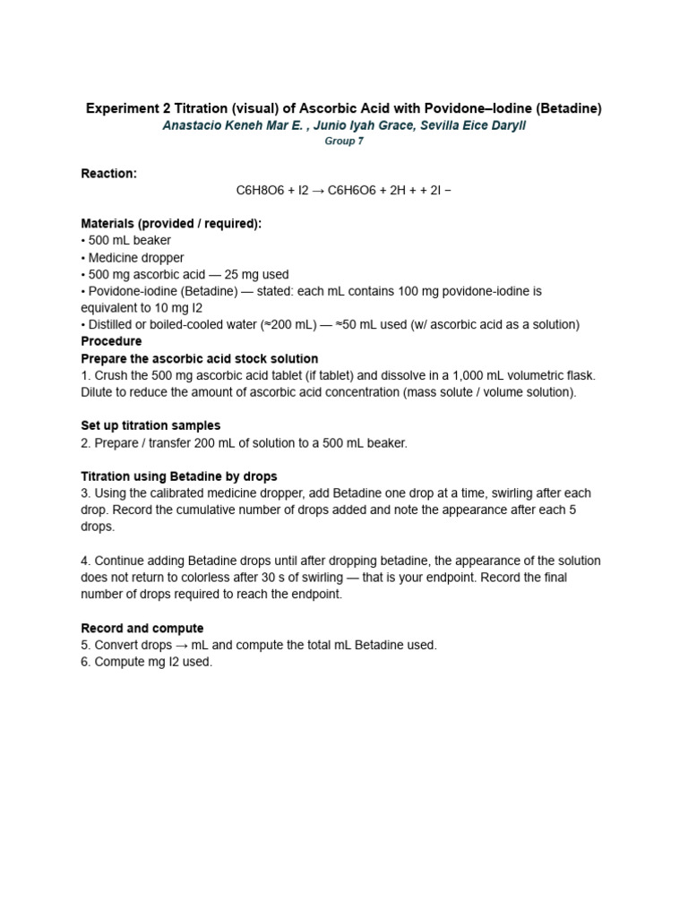 Experiment 2 Titration (Visual) of Ascorbic Acid With Povidone-Iodine ...