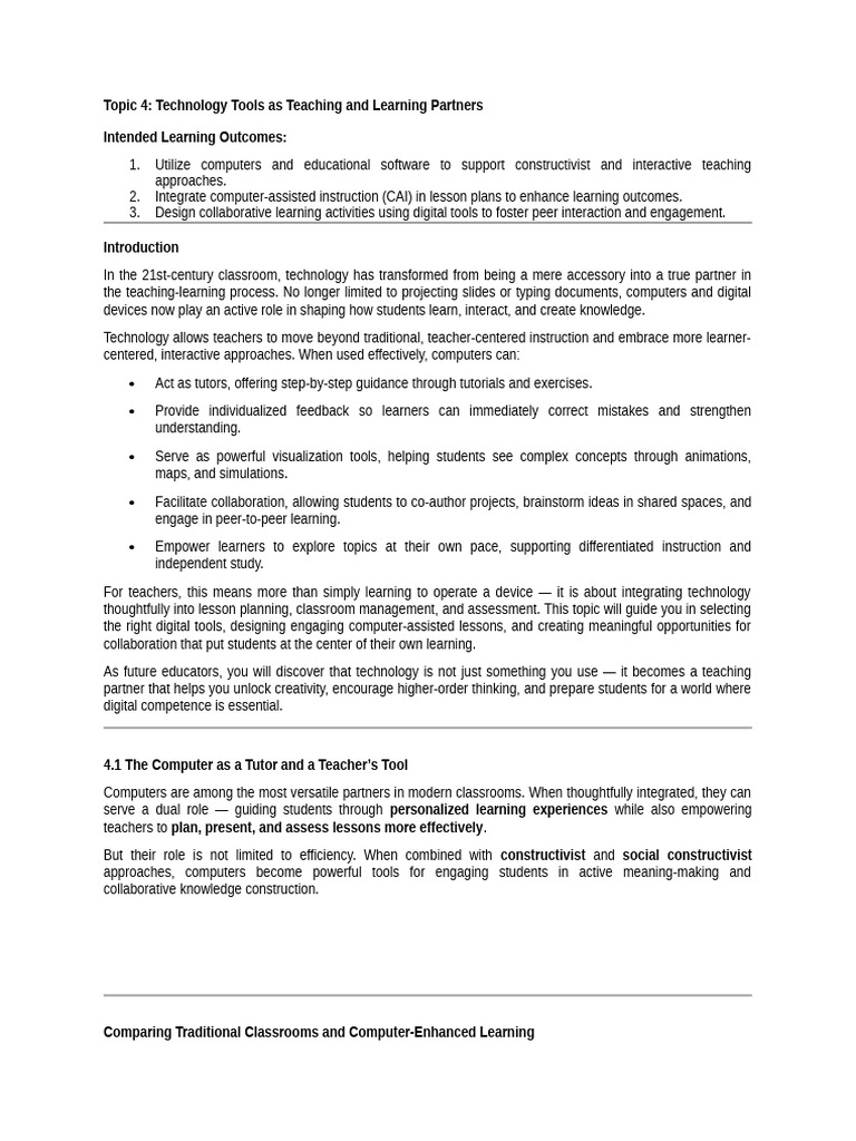 Topic 4 Technology Tools As Teaching and Learning Partners | PDF ...