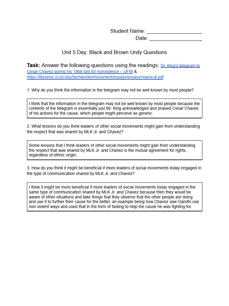 Unit 5 - Black and Brown Unity Questions | PDF