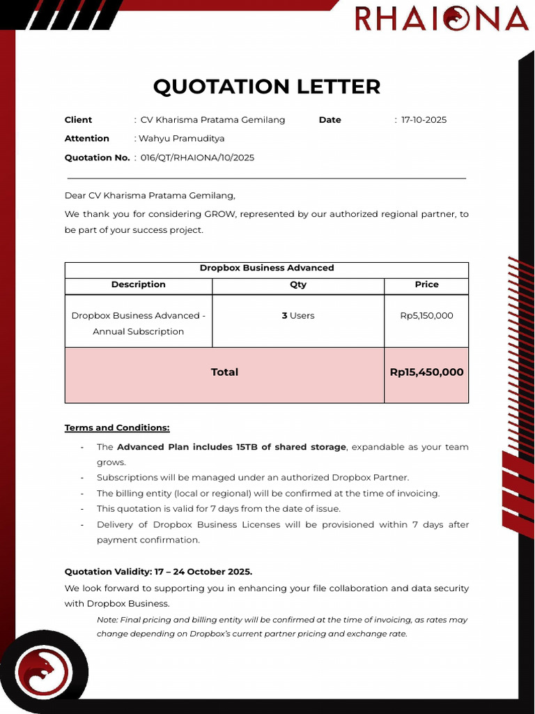 Quotation For Dropbox Business - CV Kharisma Pratama Gemilang (016 - QT ...