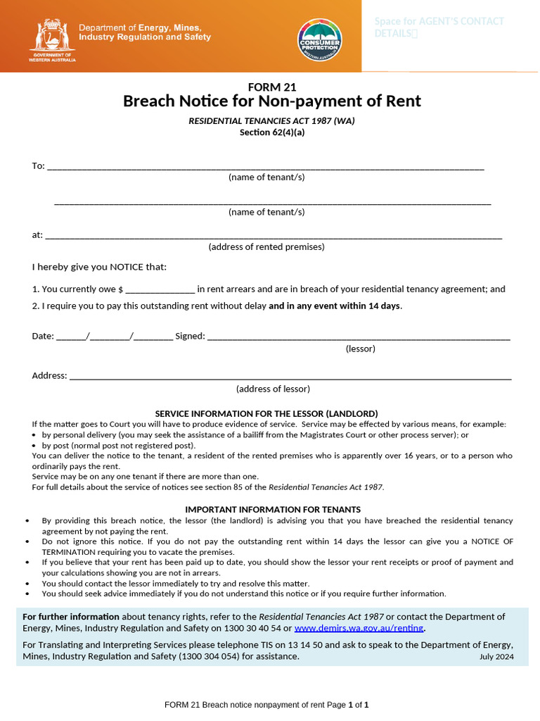 Form 21 Breach Notice: Rent Arrears | PDF | Lease | Leasehold Estate