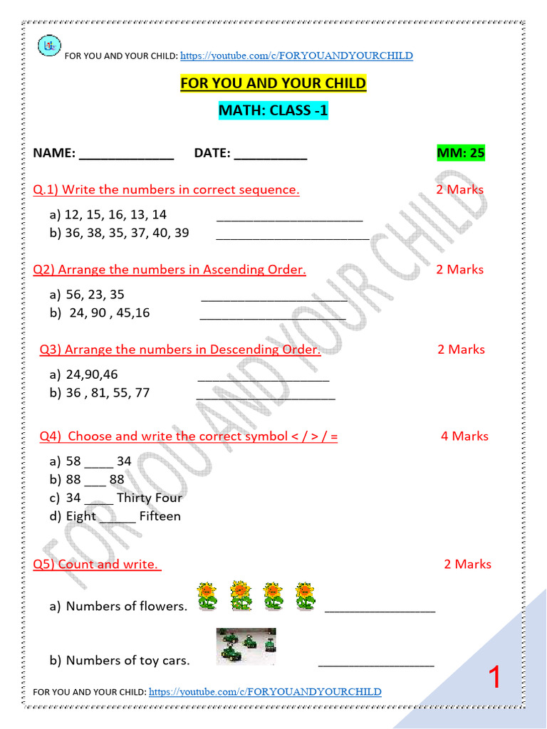 Class 1 Math Worksheet Activities | PDF