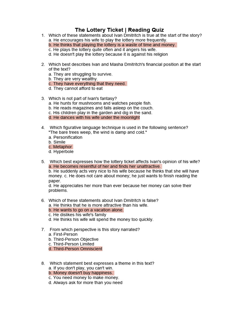 Ilide Info the Lottery Ticket Reading Quiz Pr ...