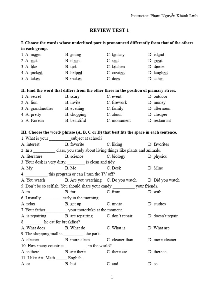 Review Test 1 - Grade 6 | PDF