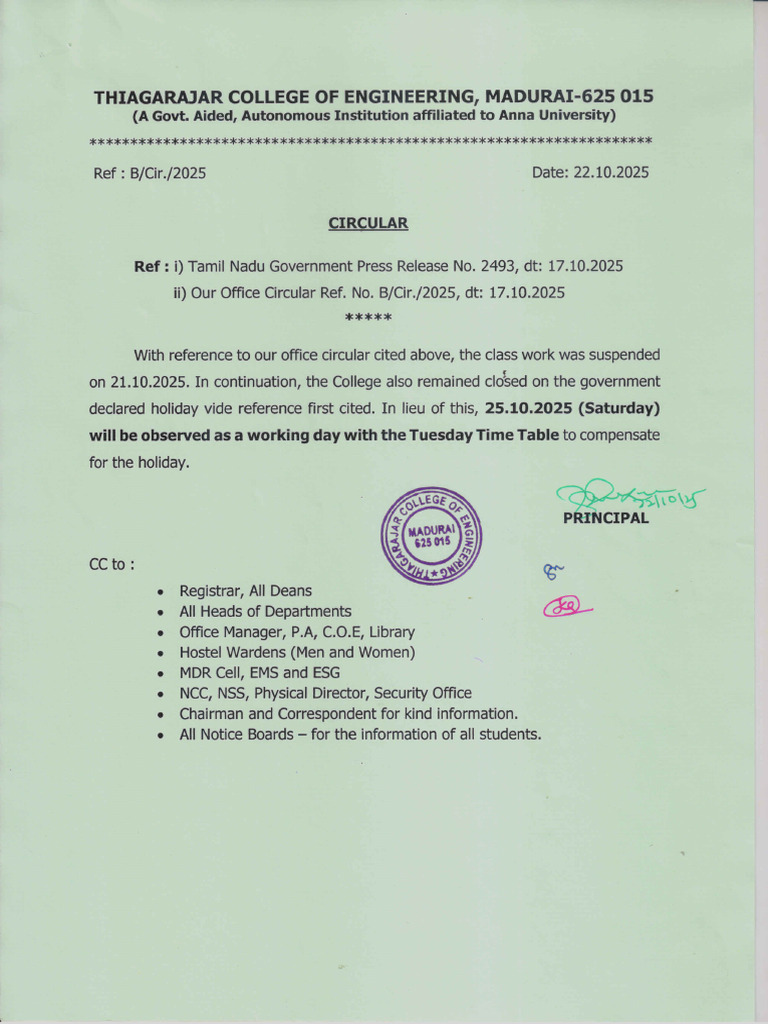 Circular - College Working Day - 25.10.2025 | PDF