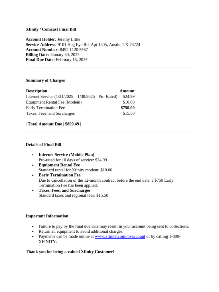 Xfinty Final Bill | PDF
