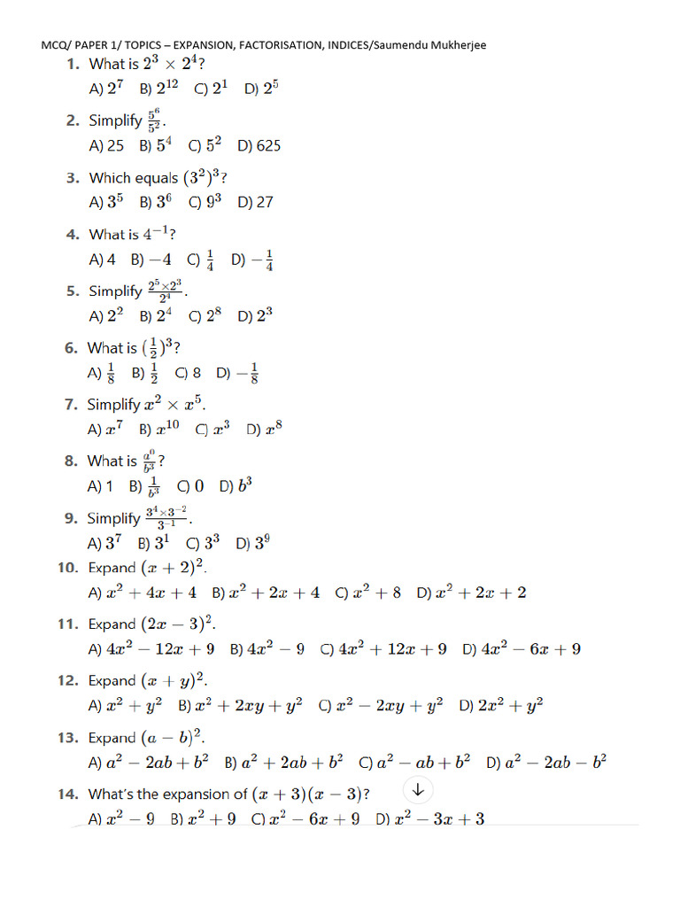 Stads MCQ Factorisation - Expansion - Exponents | PDF