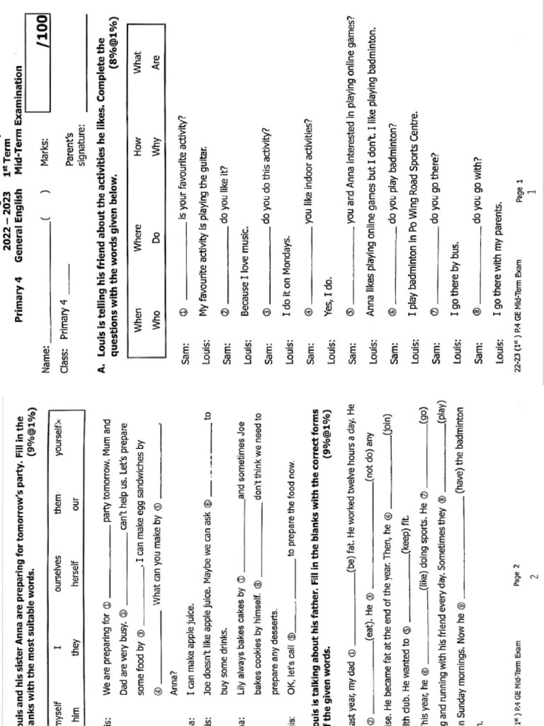 Primary Four Genearl English Mid-term Examination | PDF