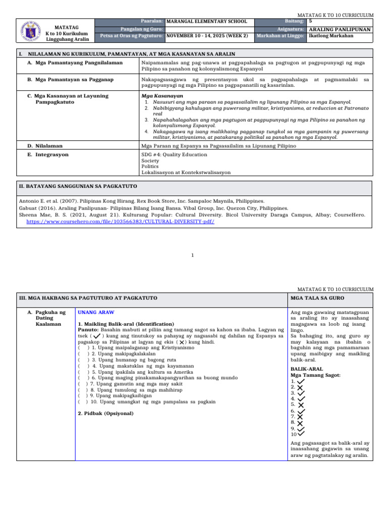 Dll Matatag _ap 5 q3 w2 | PDF