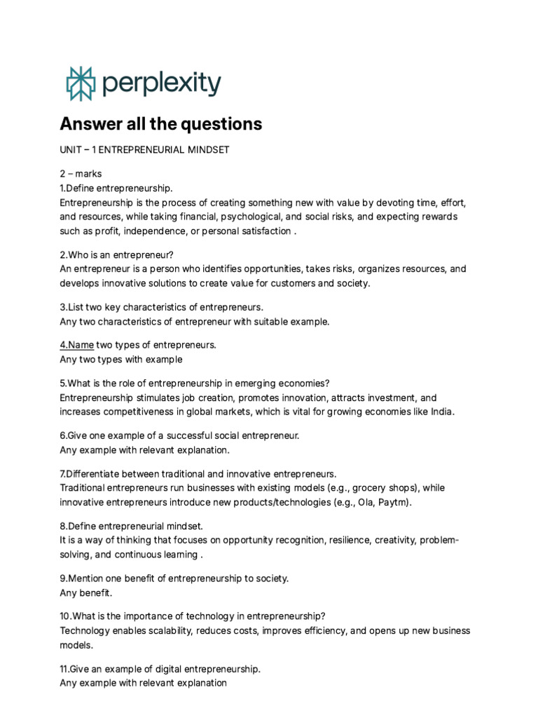 Answer All The Questions - UNIT - 1 ENTREPRENEURIAL | PDF ...