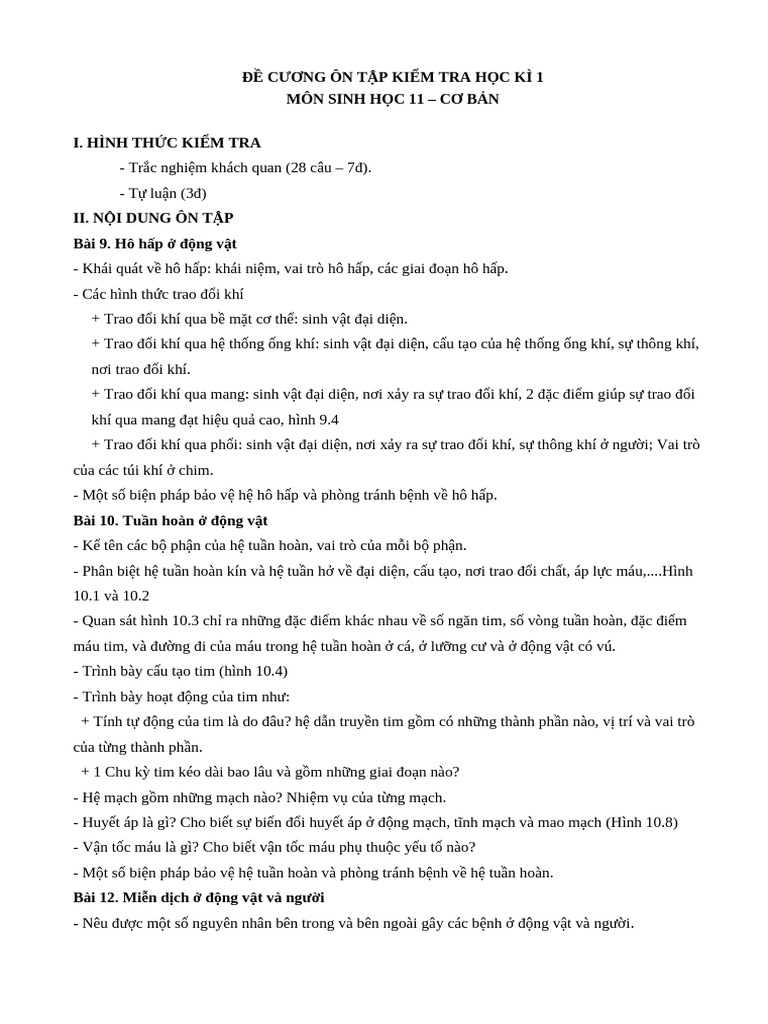 De Cuong Kiem Tra Hk1 - Sinh Học 11 | PDF