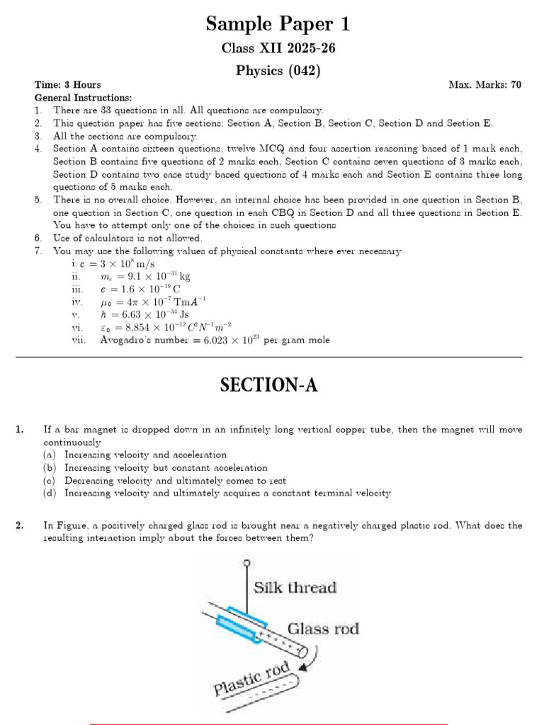 Physics Sample Papers 2026-1-2 | PDF | Force | Physical Quantities