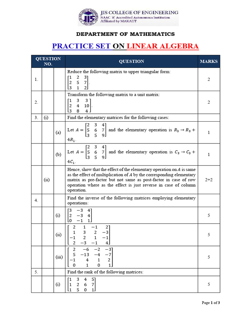 Practice Set (m101 Module-i Linear Algebra) | PDF | Eigenvalues And ...
