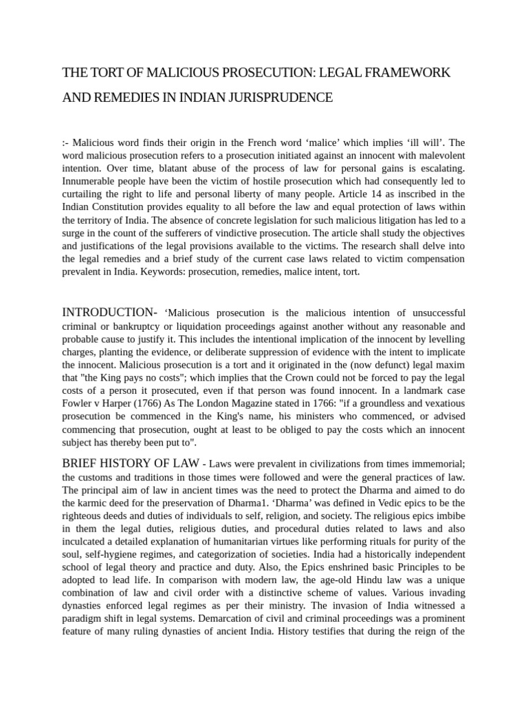 Malicious Prosecution in Indian Law | PDF | Lawsuit | Malicious Prosecution