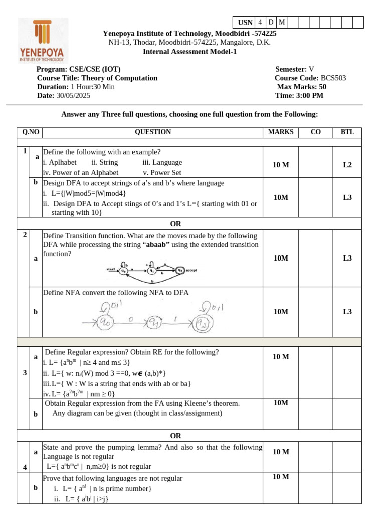 Bcs503- Model p1 | PDF | Theoretical Computer Science | Theory Of Computation