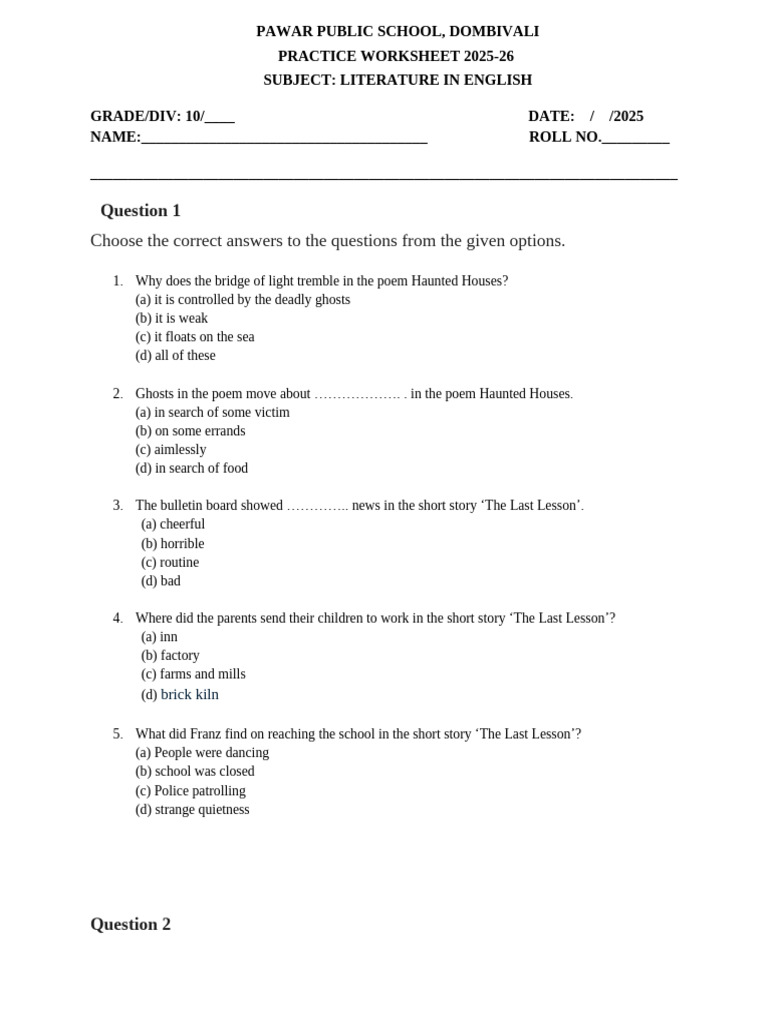Practice Worksheet - English Literature | PDF