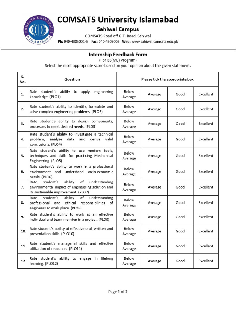 Internship Feedback Form | PDF | Engineering