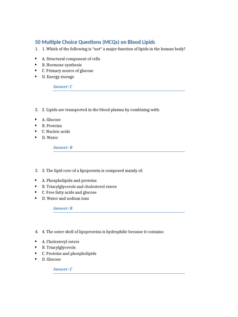 Blood Lipids: 50 MCQs for Study | PDF | Lipoprotein | Cholesterol