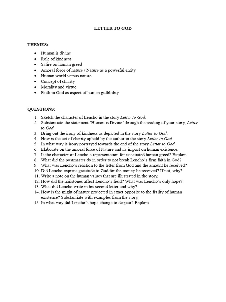 Letter To God-Themes & Questions | PDF