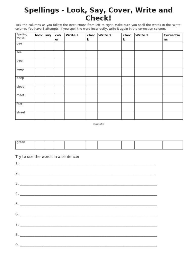 Spelling Practice Template Week 7 | PDF